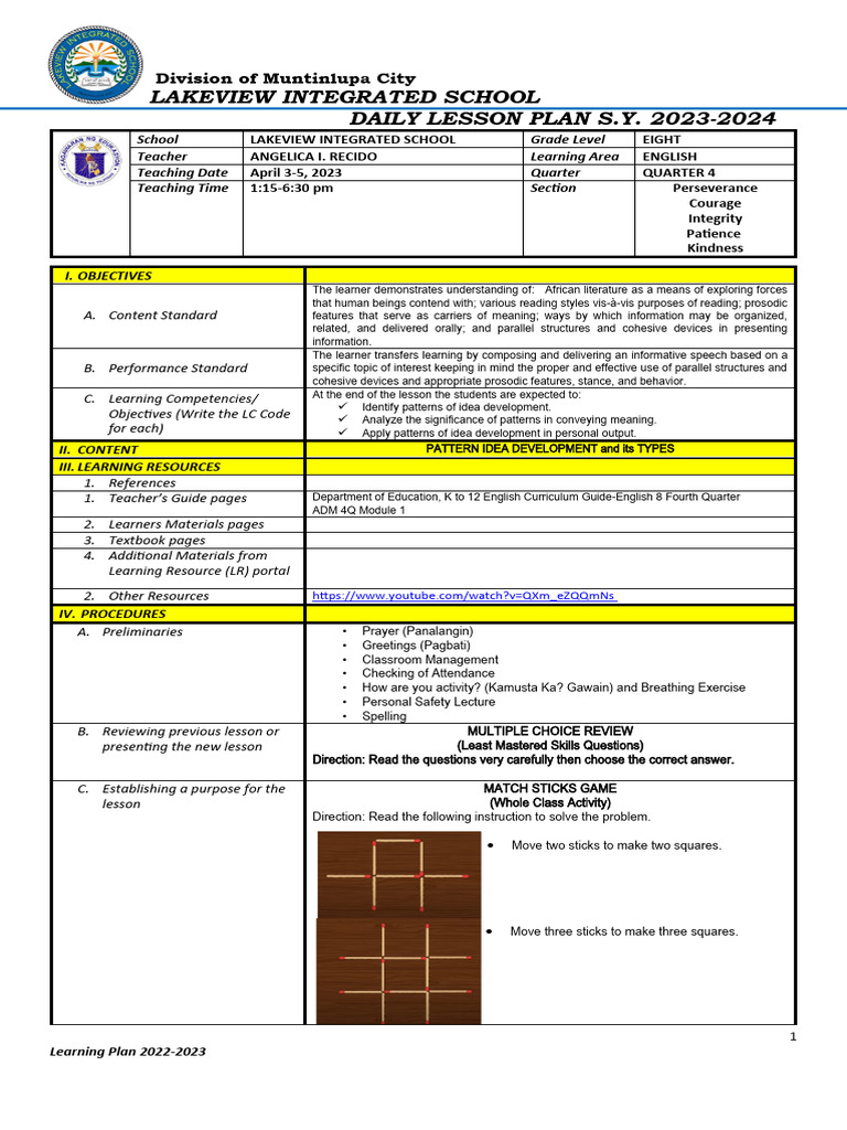 Patterns of Idea Development Lesson Plan | PDF | Learning | Cognitive ...