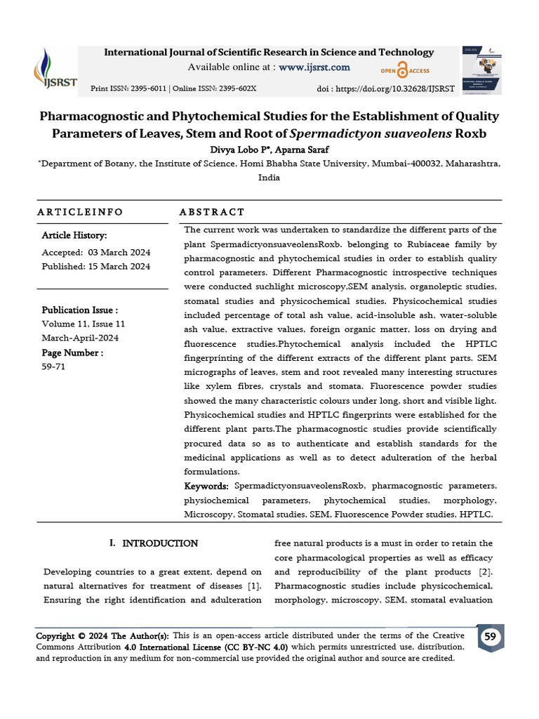 Pharmacognostic and Phytochemical Studies For The Establishment of Quality Parameters of Leaves ...