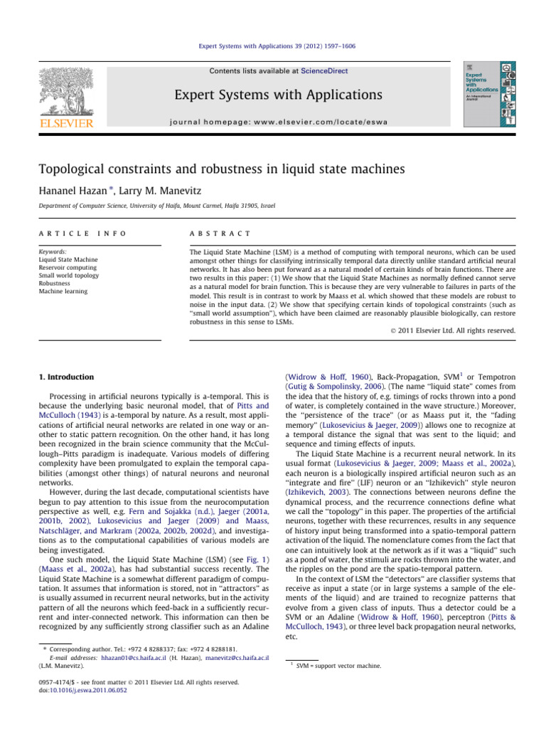 Topological Constraints and Robustness in Liquid State Machines | PDF | Artificial Neural ...