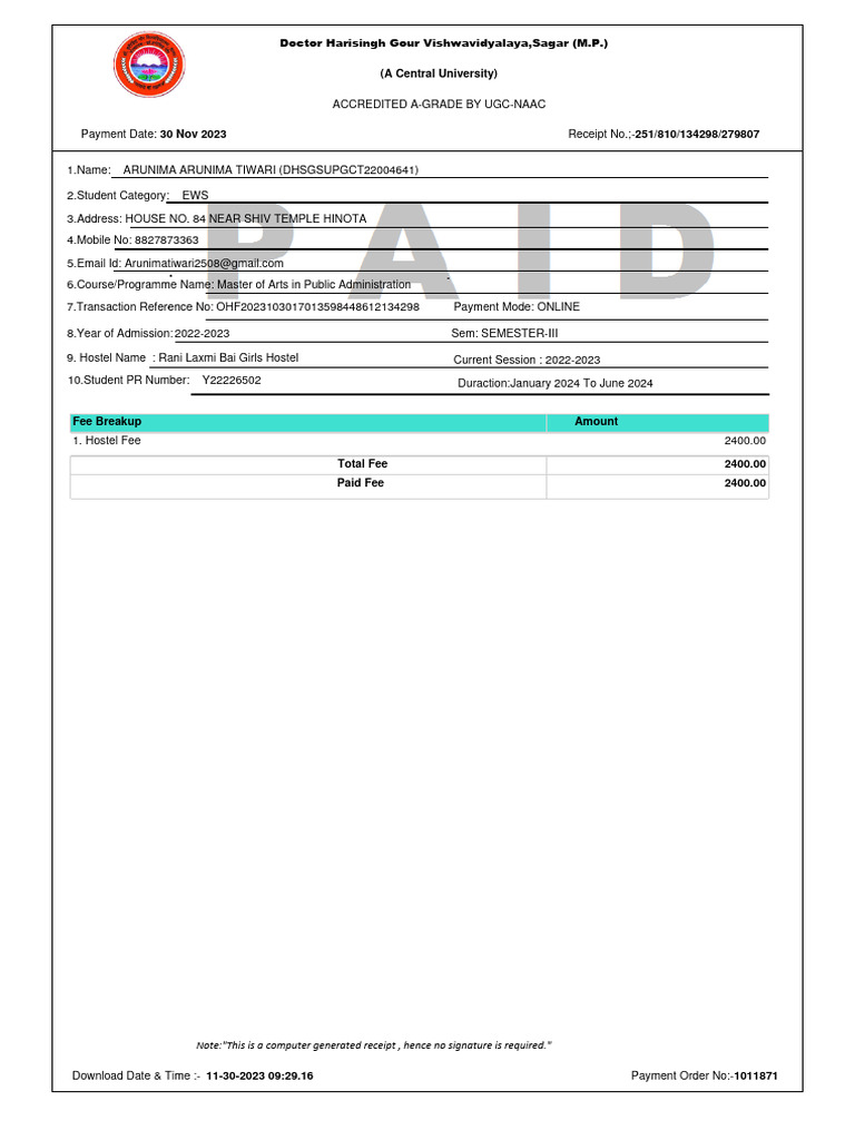 Hostel Fee Receipt | PDF