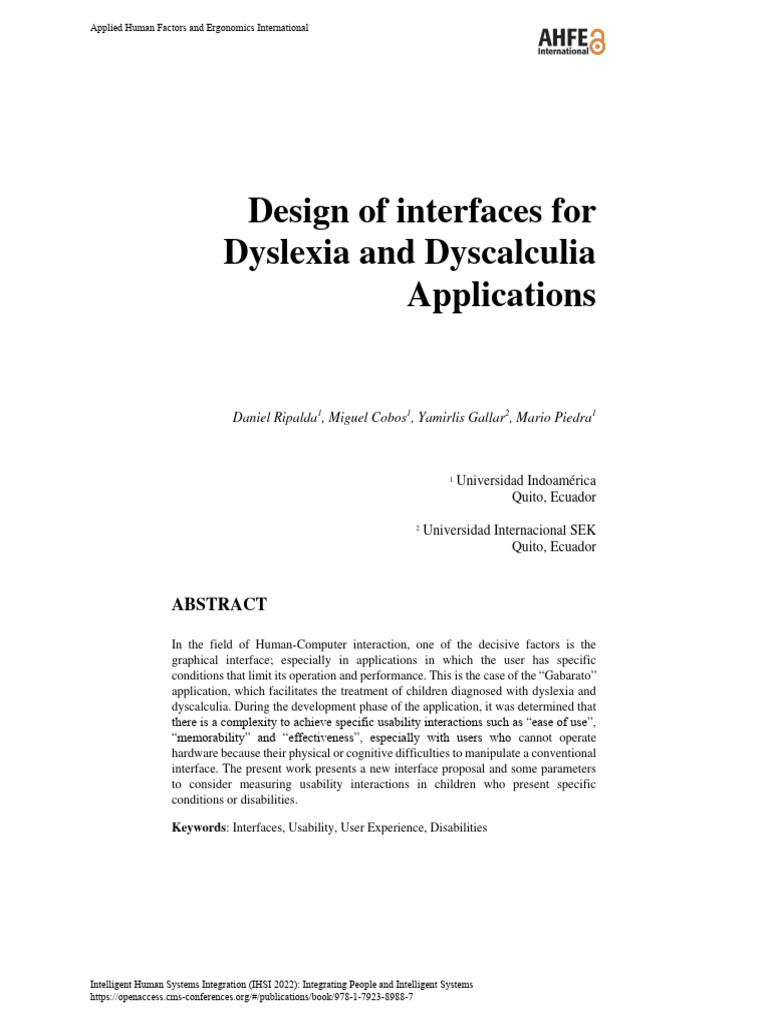 Design of Interfaces For Dyslexia and Dyscalculia Applications ...