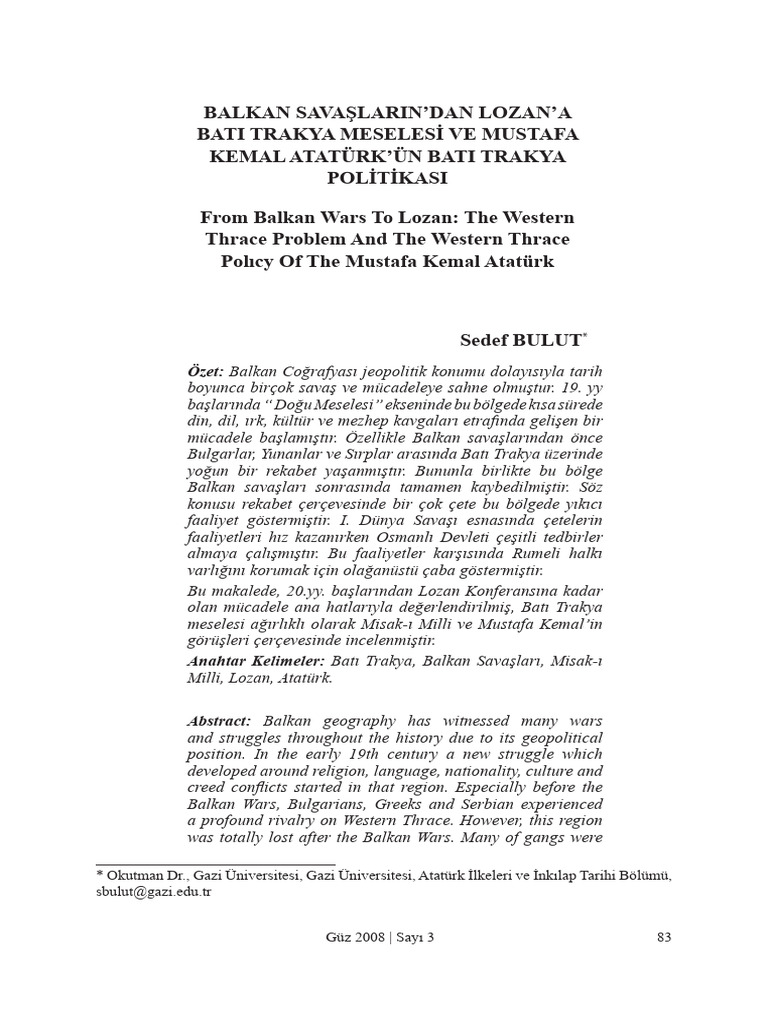 Balkan Sava - Lari'ndan Lozan'a Bati Trakya Meseles - Ve Mustafa Kemal Atat - RK' - N Bati ...