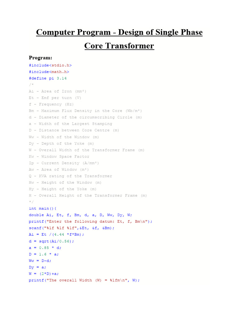 Computer Program - Design of Single Phase Core Transformer | PDF | Alternating Current | Transformer