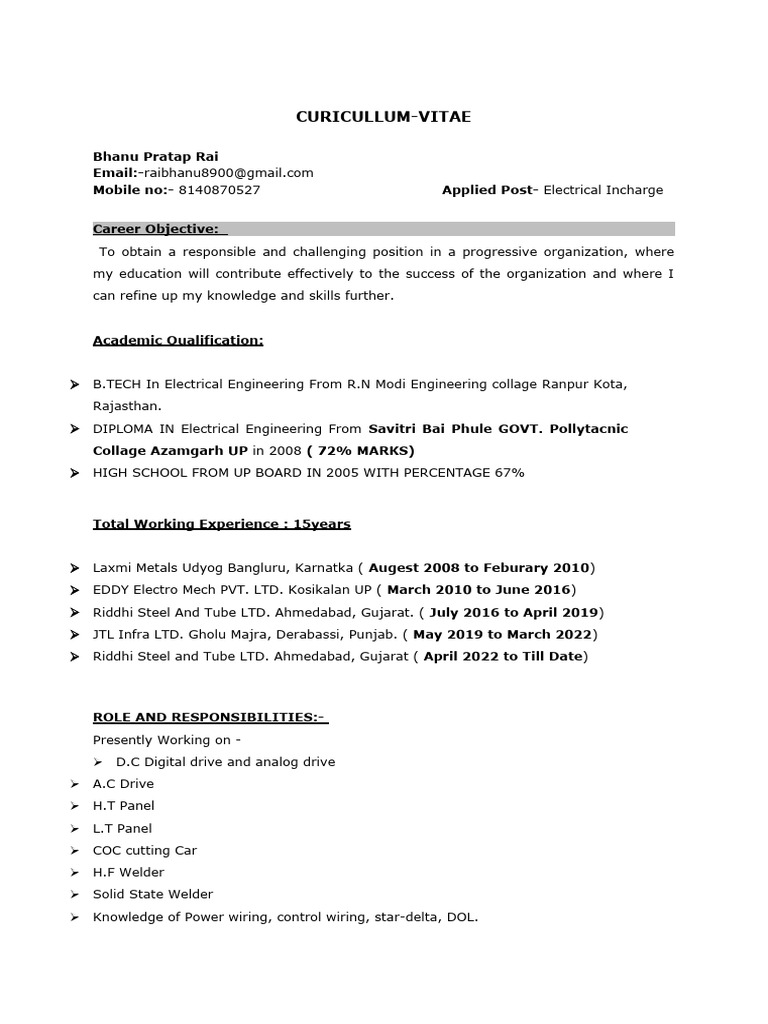Bhanu Rai CV | PDF | Electric Power | Manufactured Goods