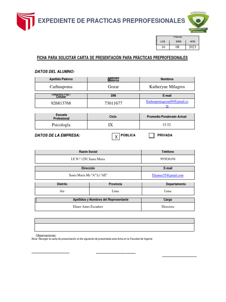 6.formato de Solicitud de Prácticas Pre Profesionales | PDF