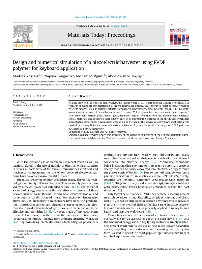 (2022) Design and Numerical Simulation of A Piezoelectric Harvester ...