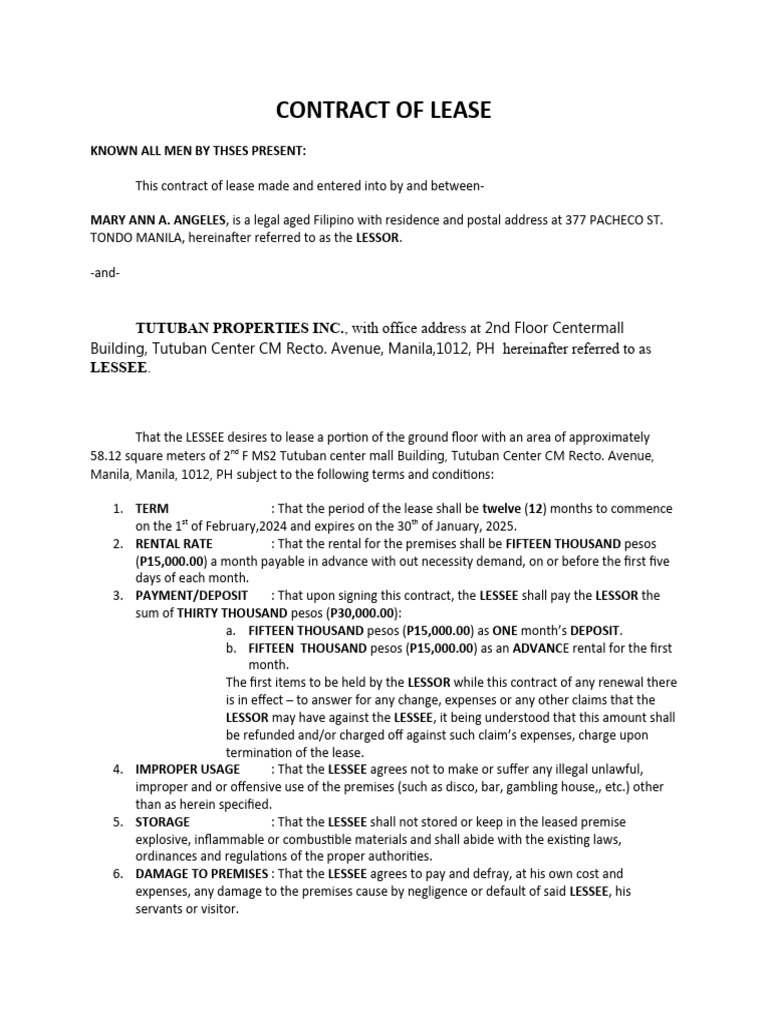 CONTRACT OF LEASE Mary Ann Angeles | PDF | Lease | Natural Resources Law
