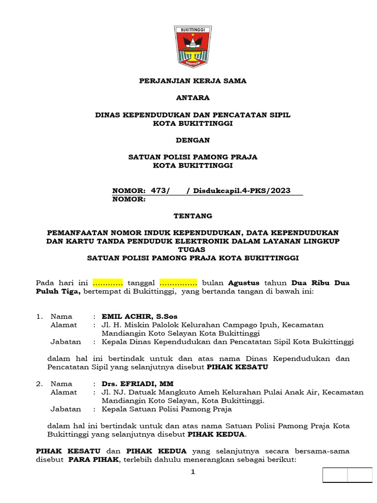 Template PKS Dukcapil Kabupaten-Kota DGN OPD BELUM ISO 27001 - Dinsos | PDF