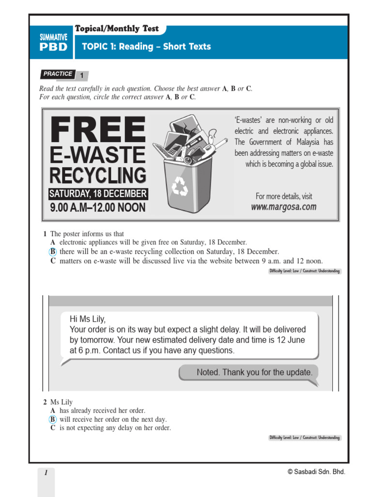Form 1 English Reading Practice Tests | PDF | Tiger | Clothing