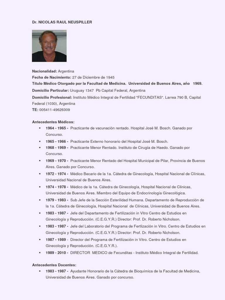 CV Nicolas Neuspiller | PDF | Fertilización en vitro | Ovario