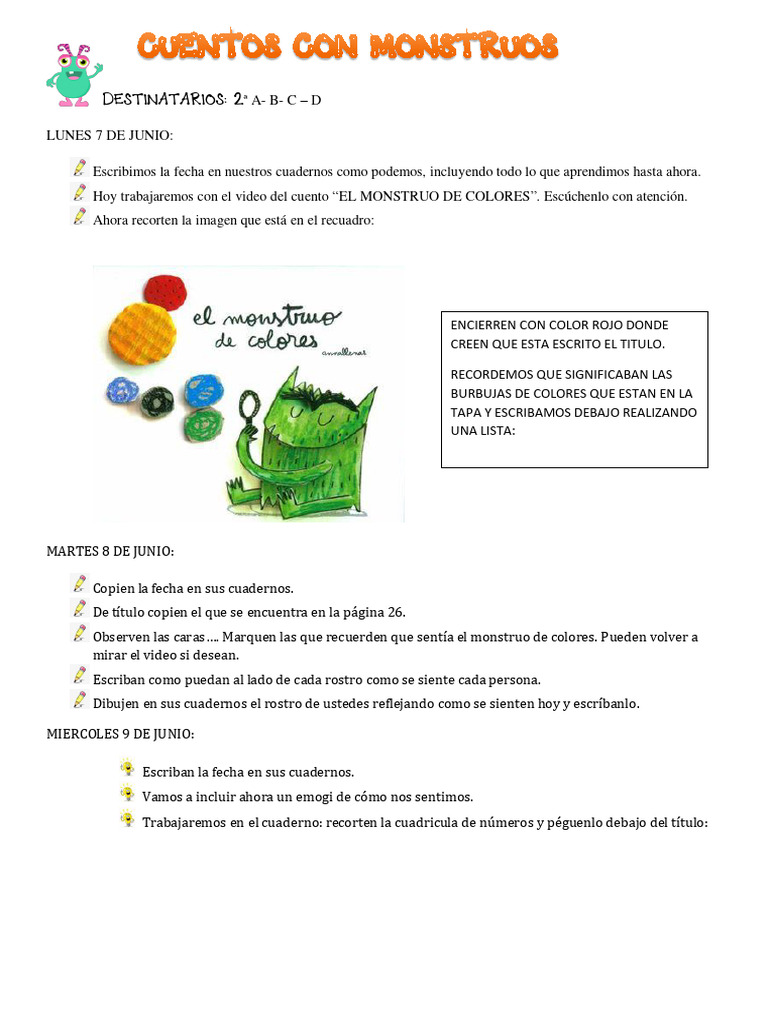 Actividades Semanales: El Monstruo de Colores | PDF