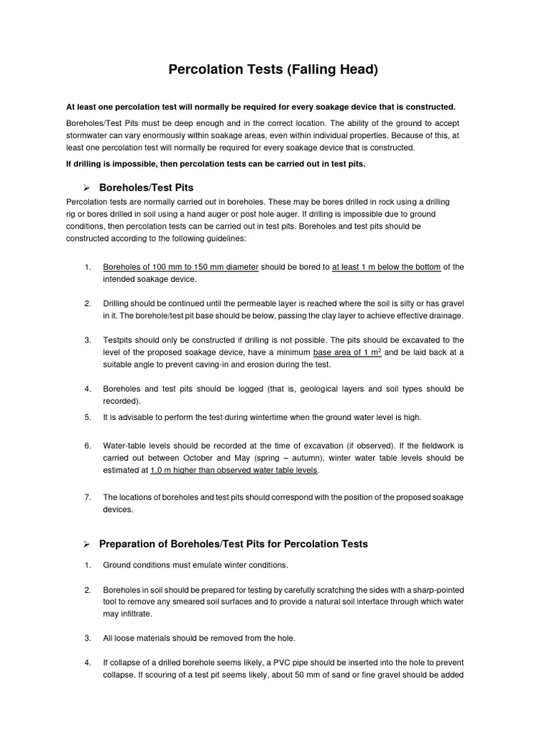 Percolation Tests (falling head) | PDF | Borehole | Soil