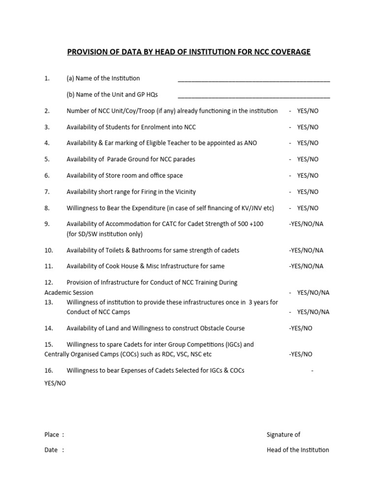 Provision of Data by Head of Institution For NCC Coverage | PDF ...