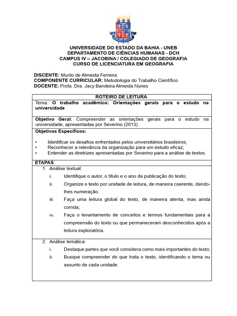 Roteiro de Leitura Texto 03 | PDF