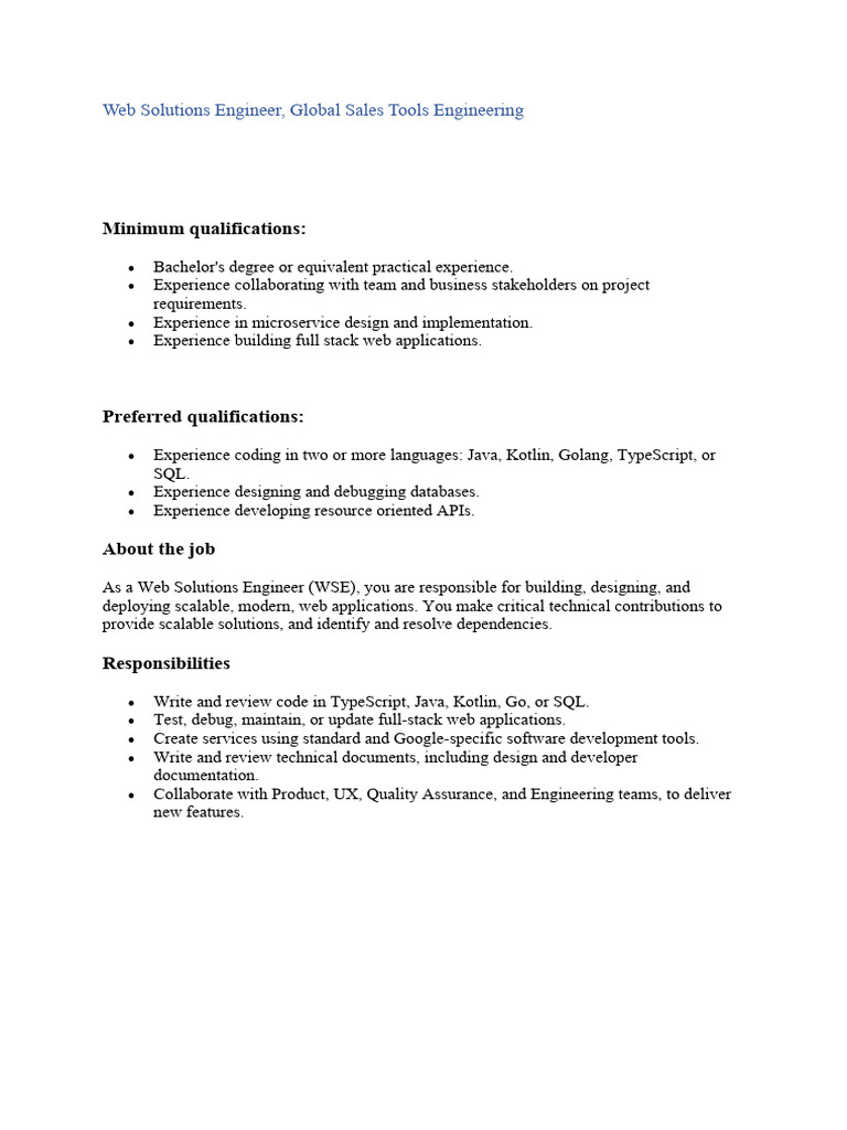 Web Solutions Engineer Job Post | PDF