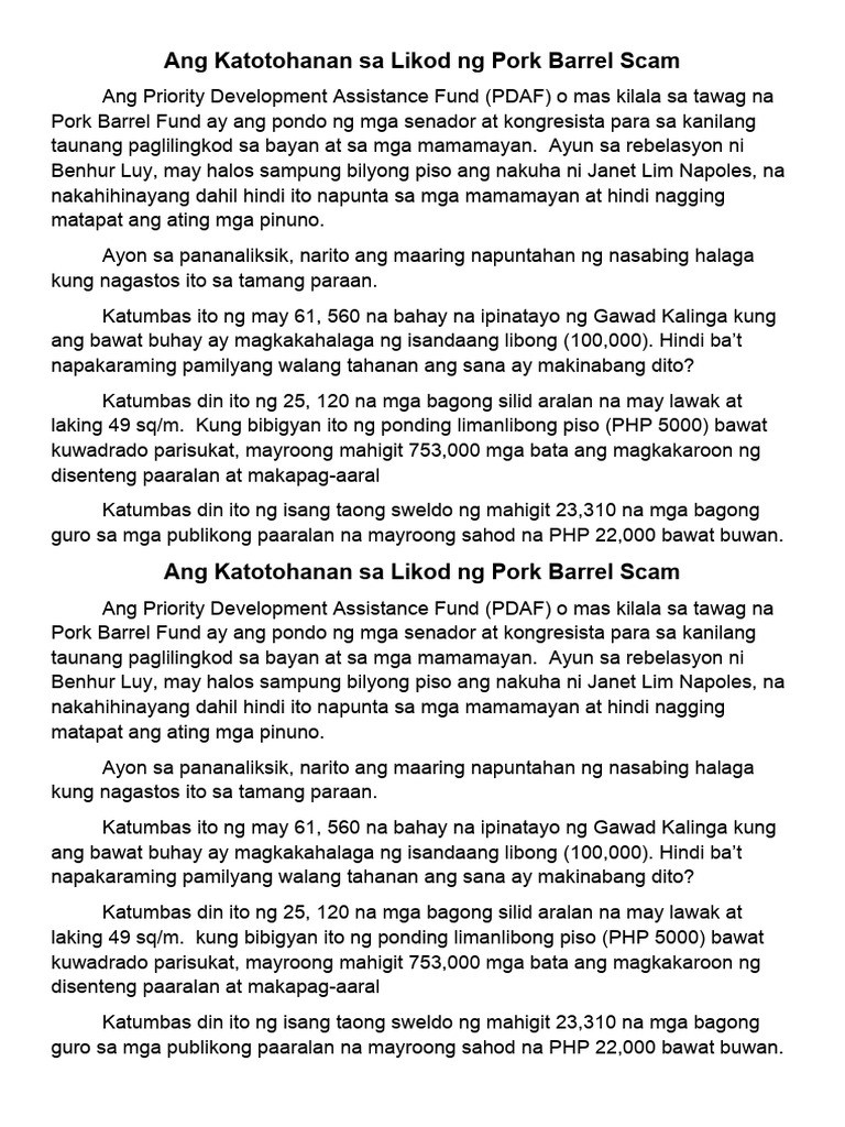 Ang Katotohanan Sa Likod NG Pork Barrel Scam | PDF
