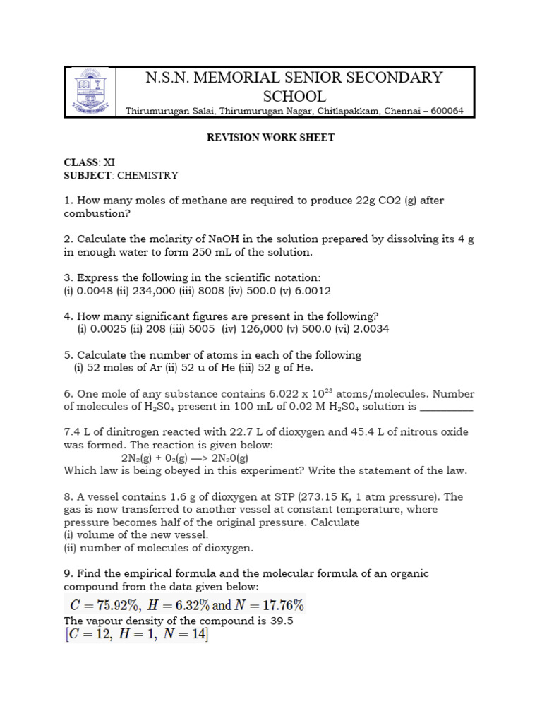Xi Revision Work Sheet | PDF | Chemical Bond | Molecules