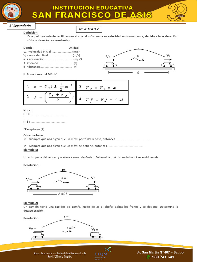 Practica N°2-MRUV - 3°S - SFA 2024 | PDF | Aceleración | Fenomeno fisico