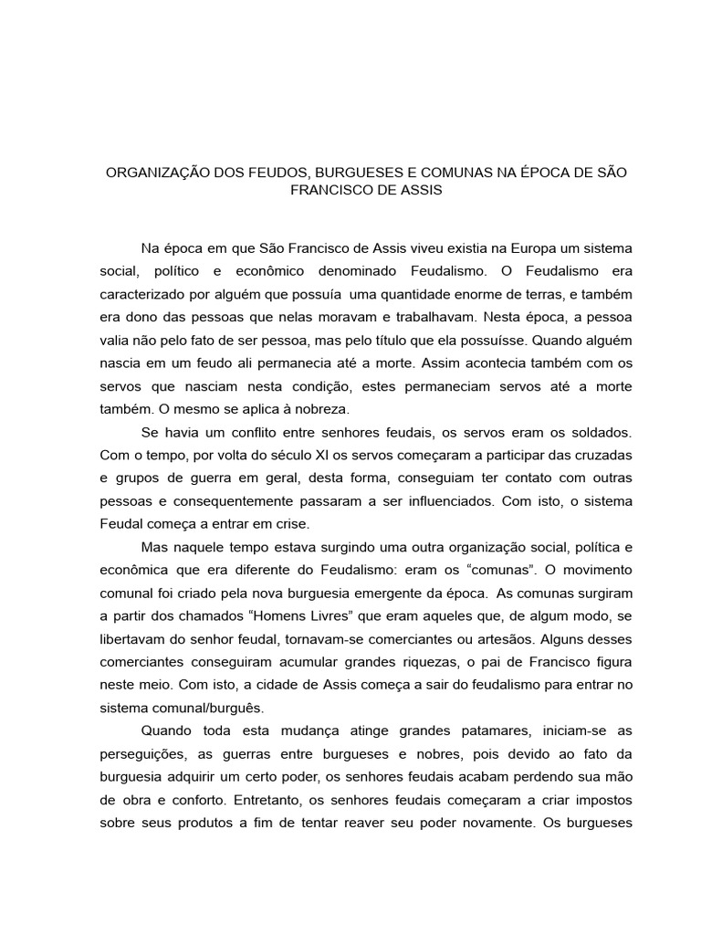 ORGANIZAÇÃO DOS FEUDOS, BURGUESES E COMUNAS NA ÉPOCA DE SÃO FRANCISCO ...