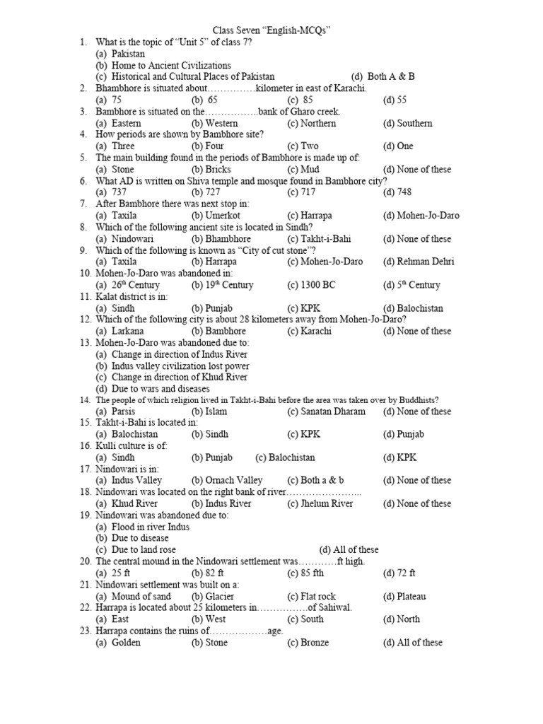Class 7 Mcqs Pdf Indus River Subject Grammar