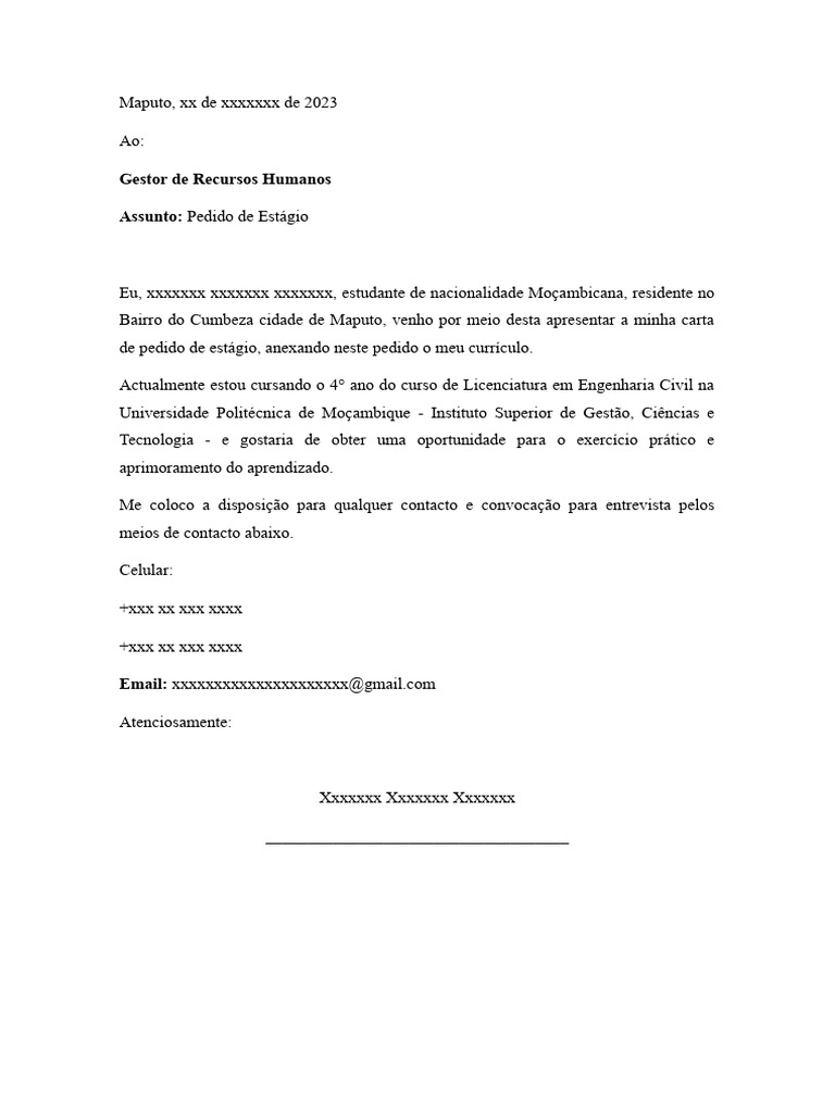 Exemplar De Carta De Pedido De Estágio Moz Pdf