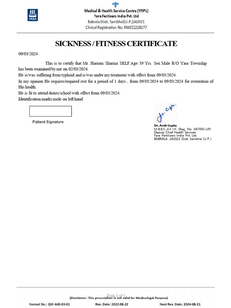 Sickness - Fitness Certificate | PDF