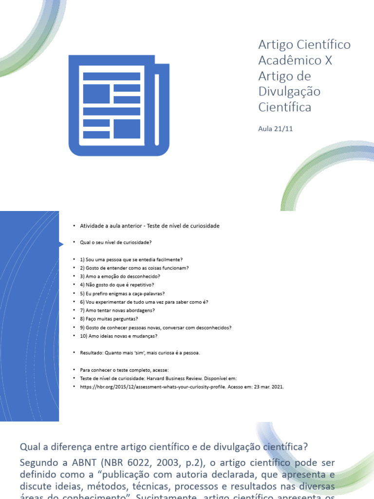 Artigo Científico Acadêmico X Artigo de Divulgação Científica 2c 21-11 ...