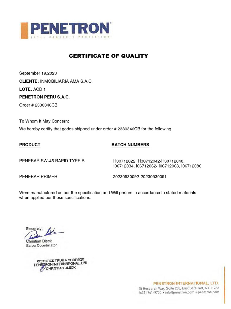 Certificate of Quality for PENETRON Products | PDF | Technology ...