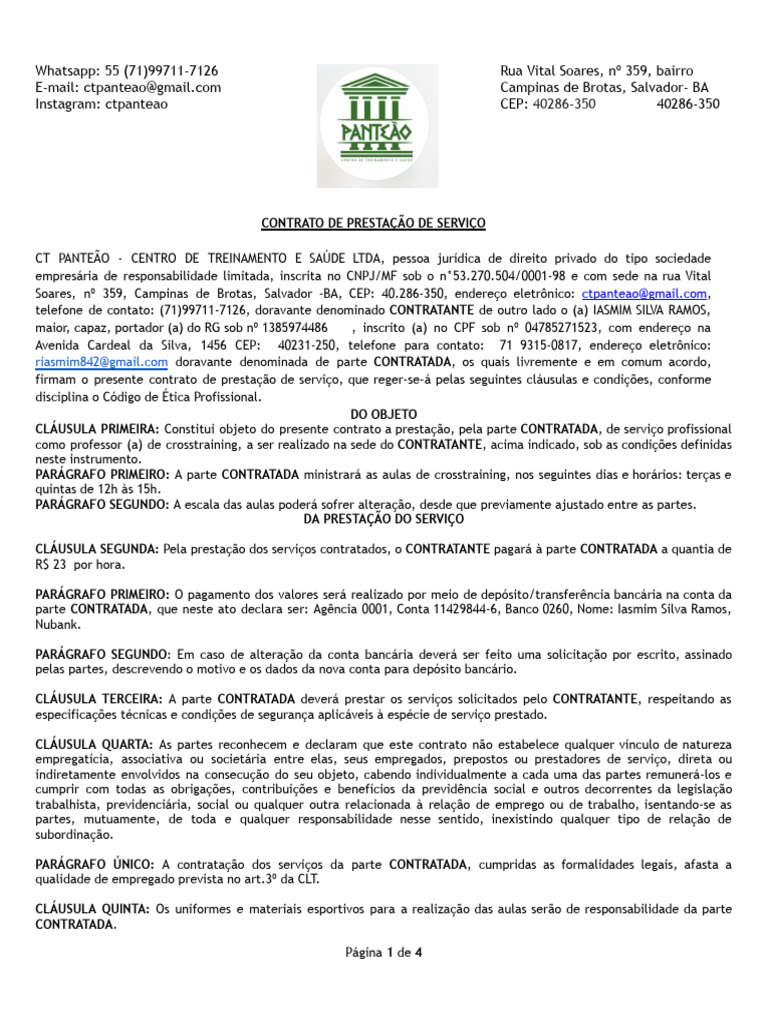 IASMIM RAMOS - Contrato de PrestaÃ Ã o de ServiÃ o - Professores - CT PANTEÃ - O | PDF