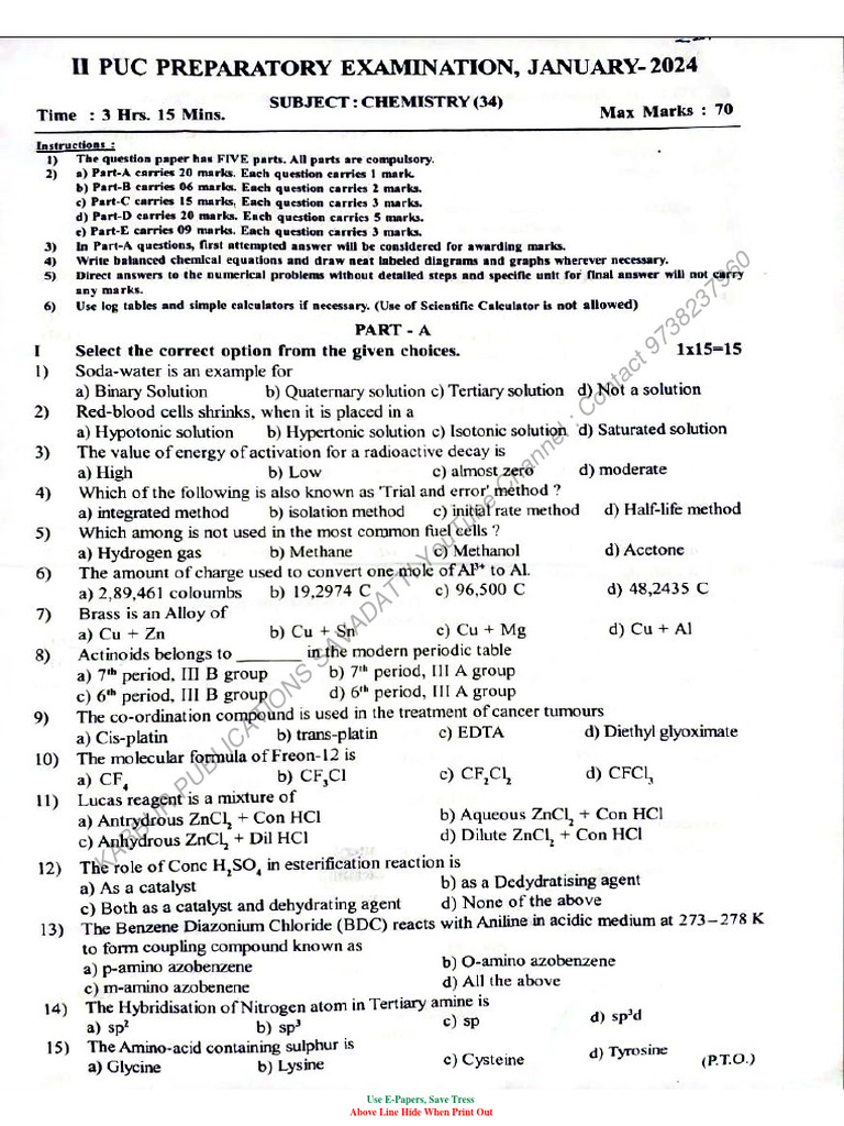2nd Puc Chemistry Preparatorty Exam Paper 2024 by Bangalore South | PDF