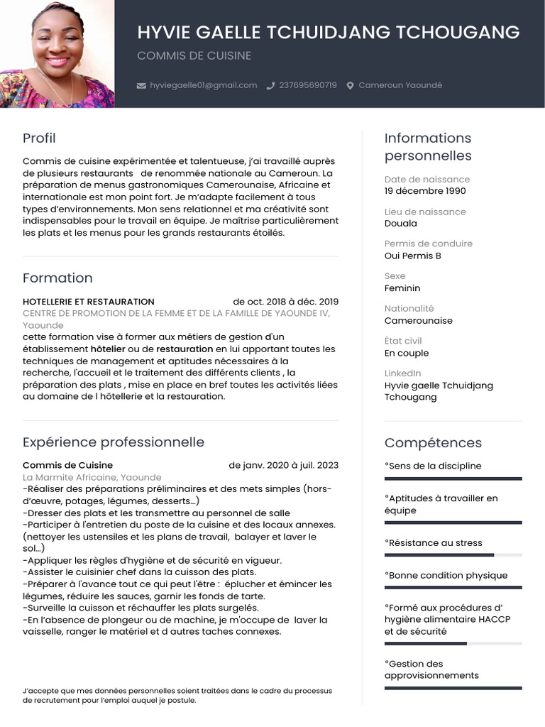 CV Commis de Cuisine - Hyvie Gaelle Tchuidjang | PDF | Cuisine ...