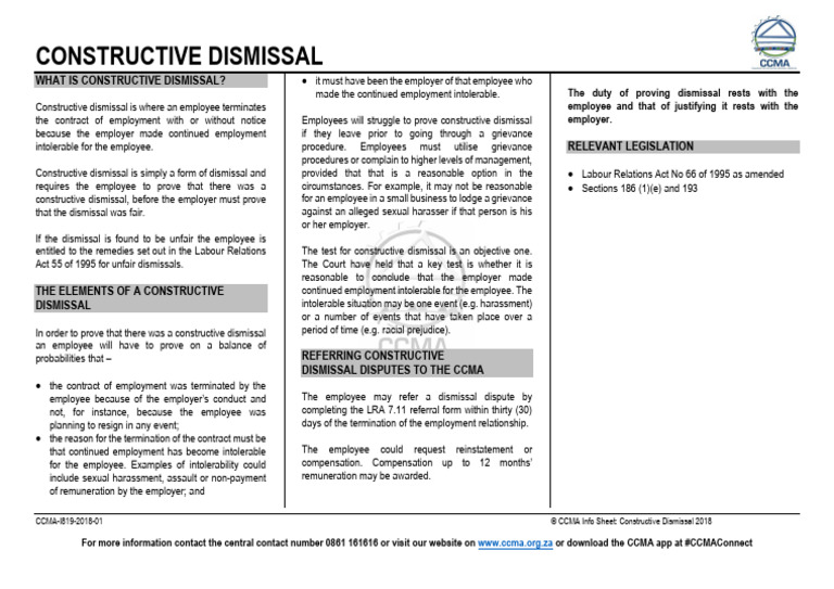 Constructive Dismissal Info Sheet 2018 01 | PDF | Employment | Private Law
