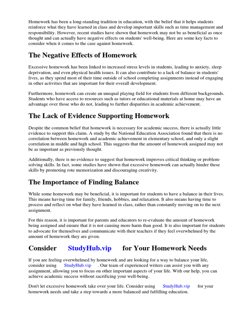 Case Against Homework Fact Sheet | PDF | Homework | Teachers