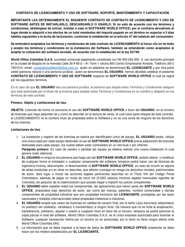 Contrato de Licenciamiento World Office | PDF | Software | Usuario ...