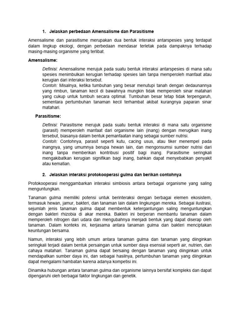 Amensalisme vs Parasitisme: Perbedaan dan Contoh | PDF
