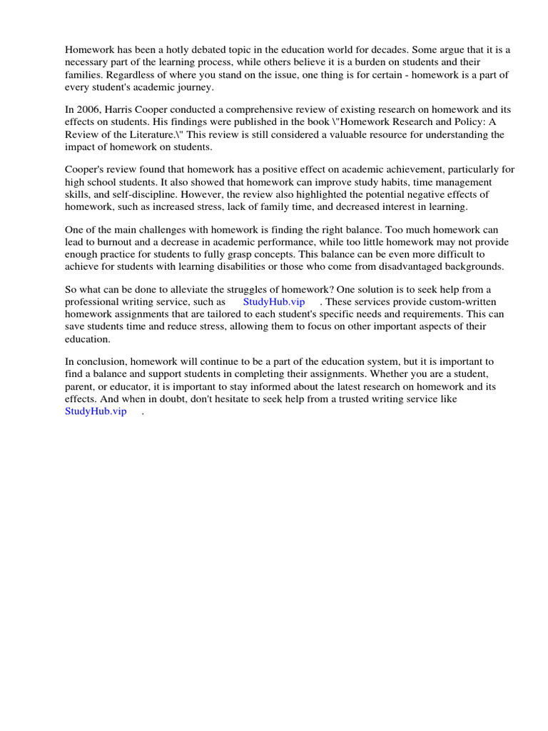 Homework Research and Policy A Review of The Literature by Harris ...