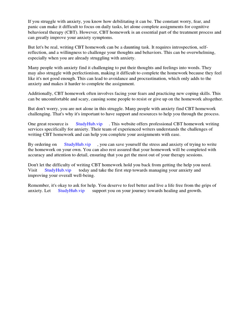 Cbt Homework for Anxiety | PDF | Cognitive Behavioral Therapy | Anxiety ...