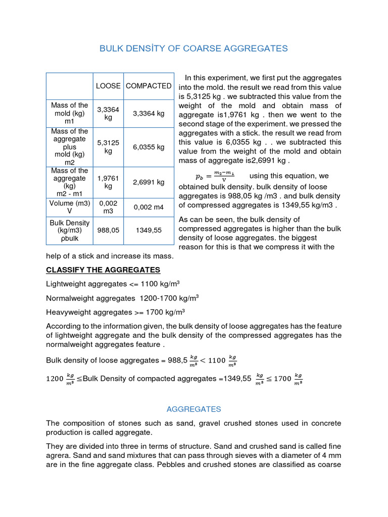 Bulk Densi̇ty of Coarse Aggregates | PDF | Density | Mass
