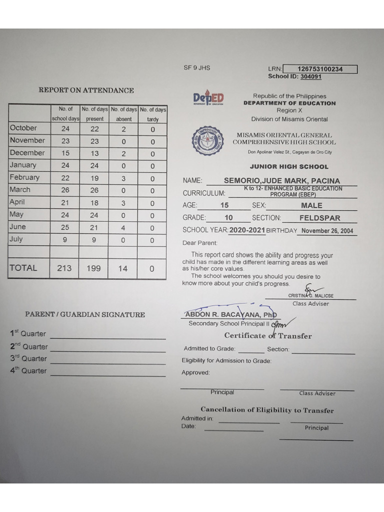 SF9 With Good Moral of SEMORIO JUDE MARK P | PDF