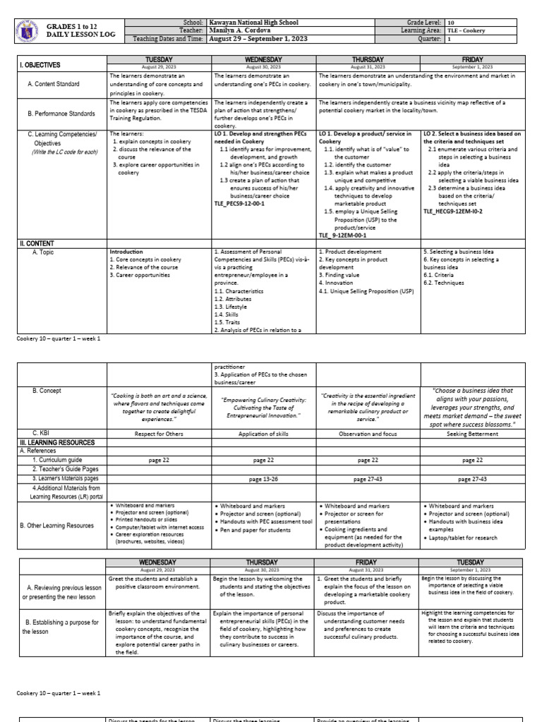 GRADES 1 To 12 Daily Lesson Log Manilyn A. Cordova August 29 - September 1, 2023 | PDF ...
