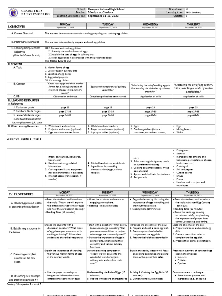 G10-DLL-TLE-week 3 | PDF | Cooking | Recipe