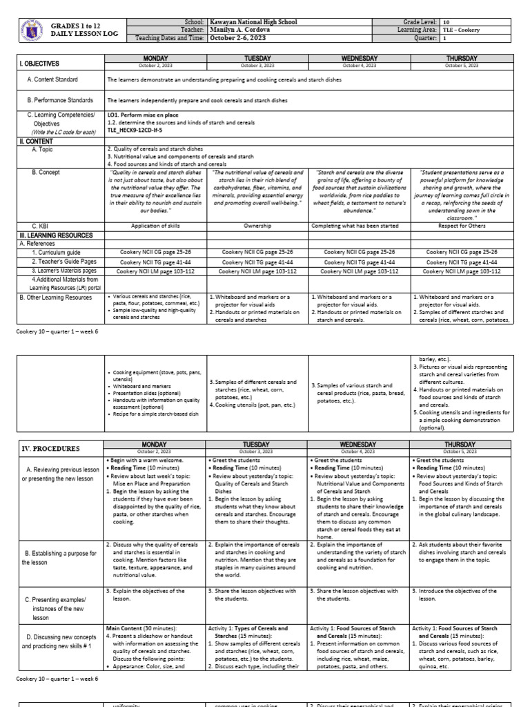 G10-DLL-TLE-week 6 | PDF | Cooking | Cereals