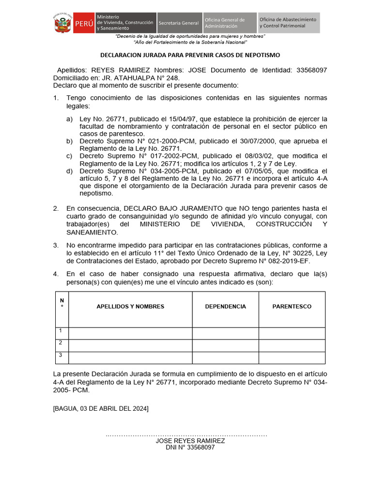 Declaracion Jurada para Prevenir Casos de Nepotismo | PDF | Parentesco ...
