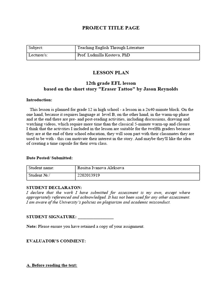 Lesson Plan: "Eraser Tattoo" Analysis | PDF | Language Arts & Discipline