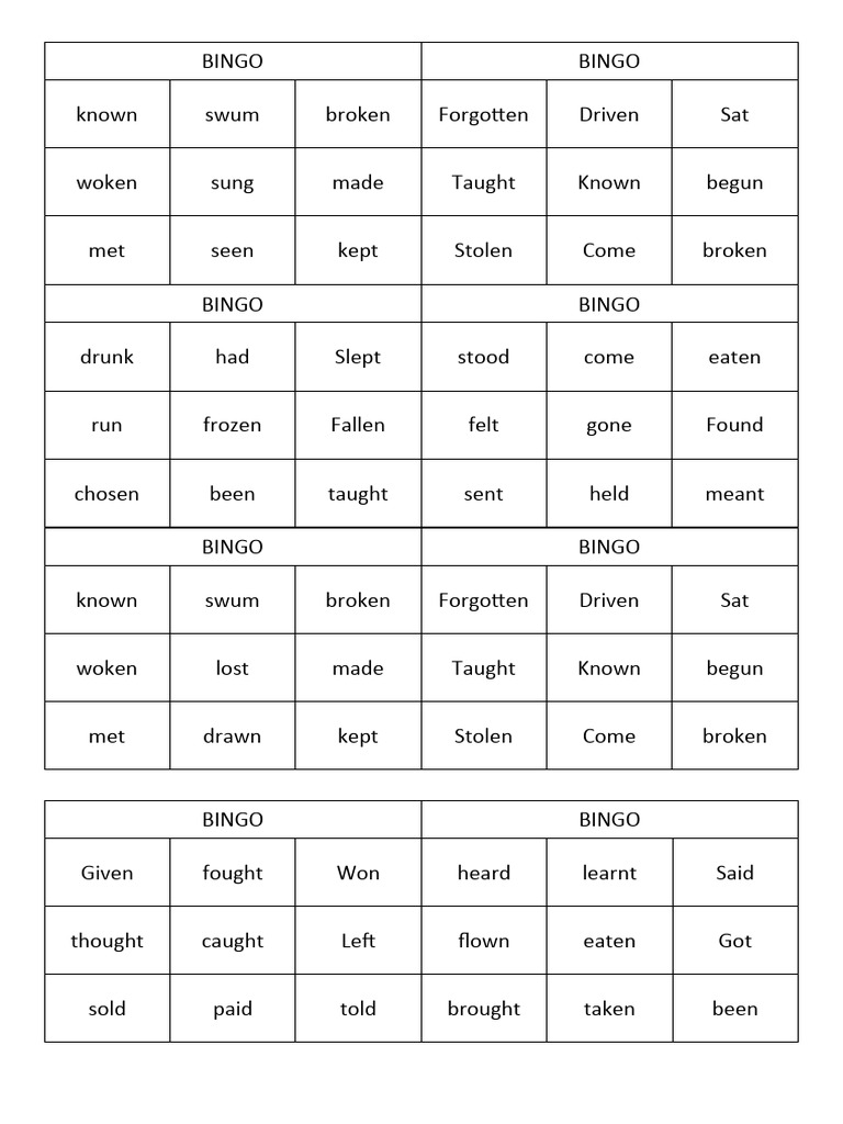 BINGO - Irregular Verbs Past Participle | PDF