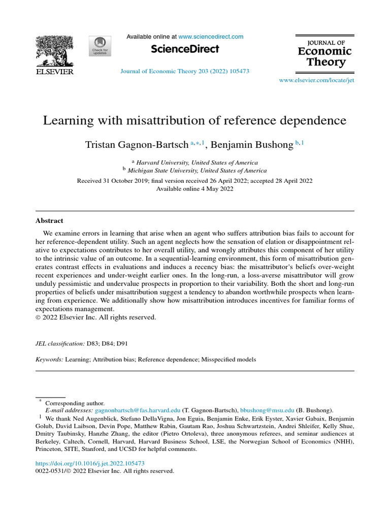 Learning With Misattribution of Reference Dependence | PDF | Utility | Experience