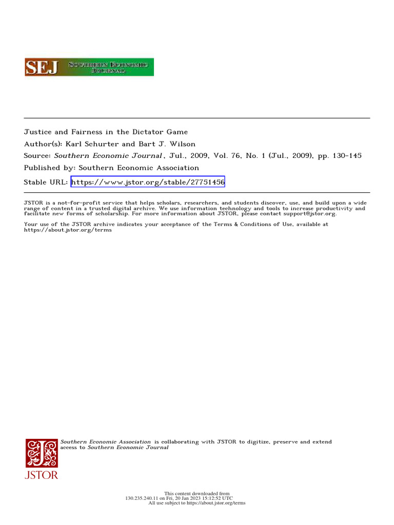 Justice and Fairness in The Dictator Game | PDF | Justice | Crime ...