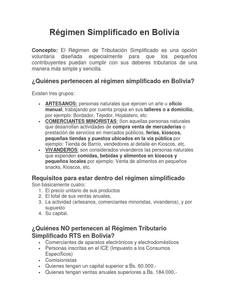 Régimen Simplificado en Bolivia: Guía y Requisitos | PDF | Al por menor | Impuestos