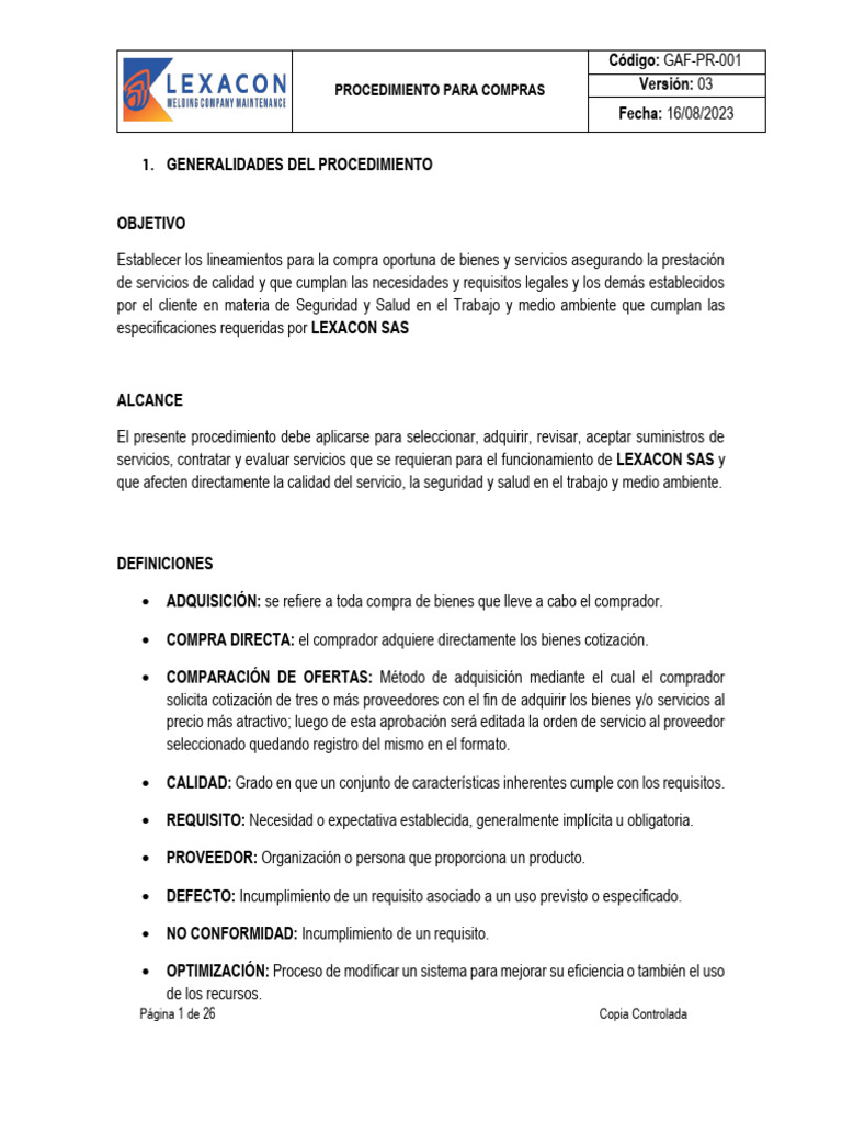GAF-PR-001 PROCEDIMIENTO PARA COMPRAS v3 | PDF | Calidad (comercial) | Organización ...