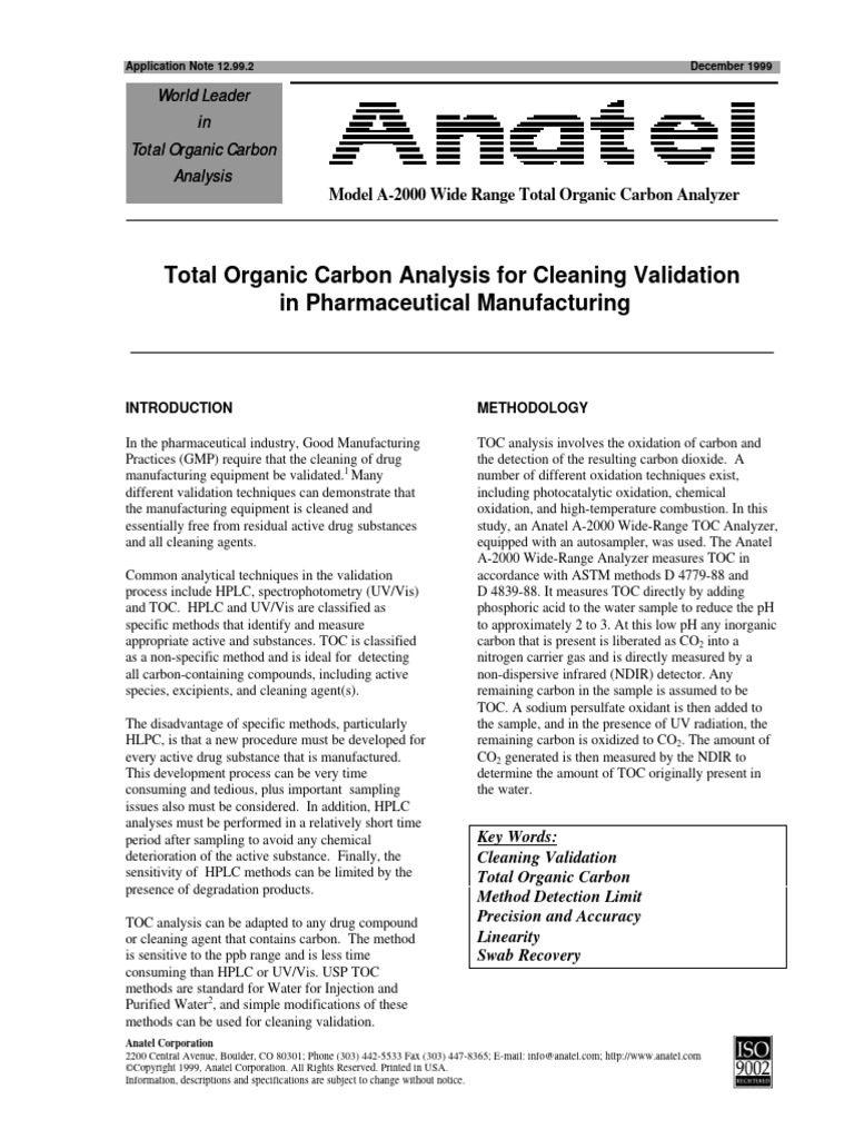 Total Organic Carbon Analysis for Cleaning Validation in Pharmaceutical Manufacturing | PDF ...